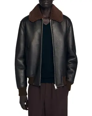 Sandro Reversible Shearling Jacket - Chocolate