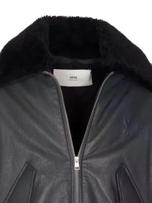 Ami Zip-up Leather Bomber Jacket - Grey