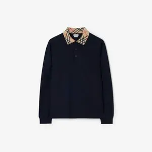 Burberry Long-sleeve Check Collar Cotton Polo Shirt - Navy