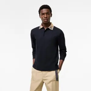 Burberry Long-sleeve Check Collar Cotton Polo Shirt - Navy