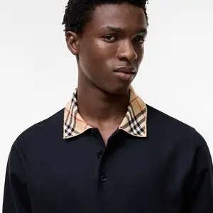 Burberry Long-sleeve Check Collar Cotton Polo Shirt - Navy