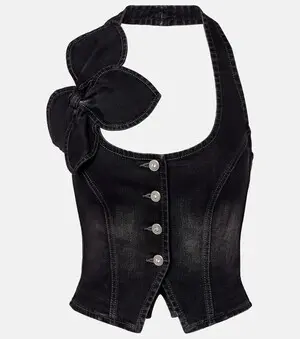 AREA Bow-detail Denim Top - Black