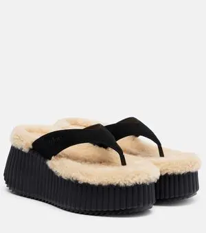 Chloé Nama Suede Platform Thong Sandals - Black