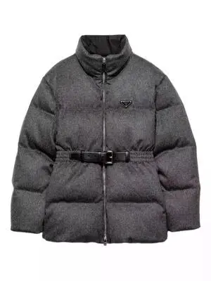 Prada Loden Triangle-logo Belted Puffer Jacket - Grey