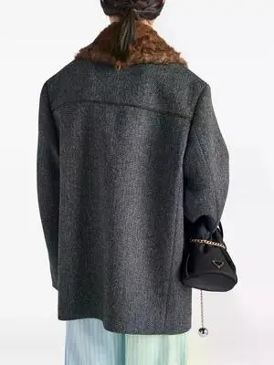 Prada Herringbone Coat With Shearling Collar