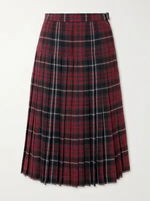 Burberry Buckled Pleated Checked Woven Midi Skirt