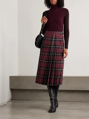 Burberry Buckled Pleated Checked Woven Midi Skirt