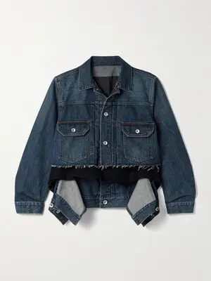 Sacai Layered Frayed Denim And Wool-felt Jacket