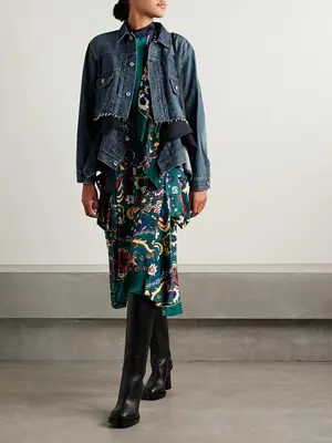 Sacai Layered Frayed Denim And Wool-felt Jacket