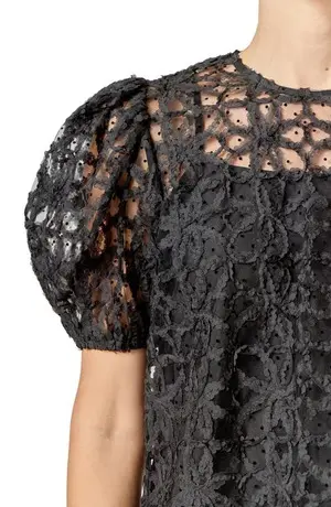 English Factory Floral Texture Puff Sleeve Top - Black