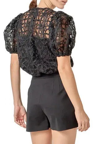 English Factory Floral Texture Puff Sleeve Top - Black