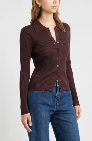 OPEN EDIT Collared Merino Wool Cardigan - Burgundy Fudge