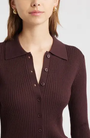 OPEN EDIT Collared Merino Wool Cardigan - Burgundy Fudge