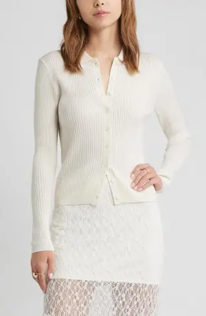 OPEN EDIT Collared Merino Wool Cardigan White Whisper