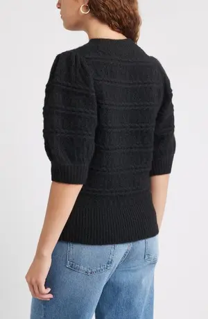 Treasure & Bond Puff Sleeve Cable Knit Pullover - Black
