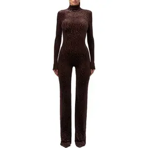 Naked Wardrobe Burnout Long Sleeve Jumpsuit - Leopard Dark Chocolate