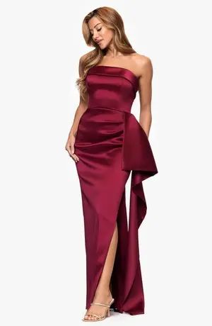 XSCAPE EVENINGS Strapless Mikado Column Gown With Ruffle