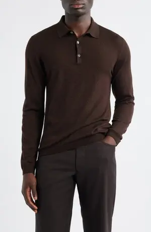 JACK VICTOR Long Sleeve Wool & Silk Polo Sweater - Brown