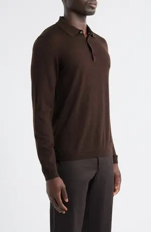 JACK VICTOR Long Sleeve Wool & Silk Polo Sweater - Brown