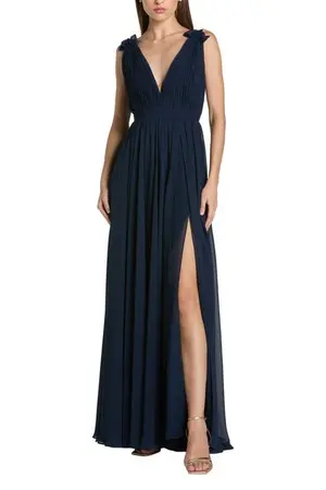 Mac Duggal Sleeveless Pleated Chiffon V-neck Gown - Navy