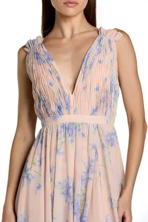 Mac Duggal Sleeveless Pleated Chiffon V-neck Gown - Violet Multi
