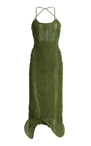 TG BOTANICAL Shirred Cotton Midi Dress - Green