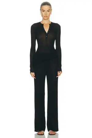 Skims Sheer Knit Long Sleeve Henley Top In Onyx | Editorialist