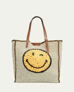 ANYA HINDMARCH Embroidered Raffia Tote Bag - Beige