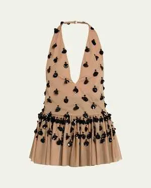 DIOTIMA Embellished Plunging Halter Peplum Top