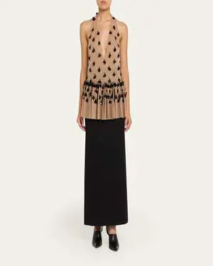 DIOTIMA Embellished Plunging Halter Peplum Top