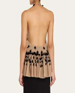 DIOTIMA Embellished Plunging Halter Peplum Top