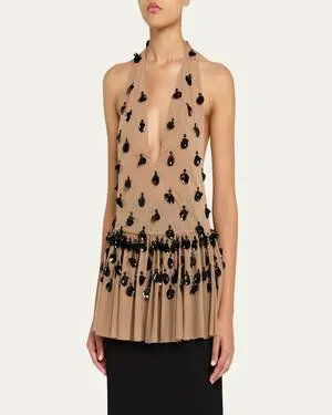 DIOTIMA Embellished Plunging Halter Peplum Top