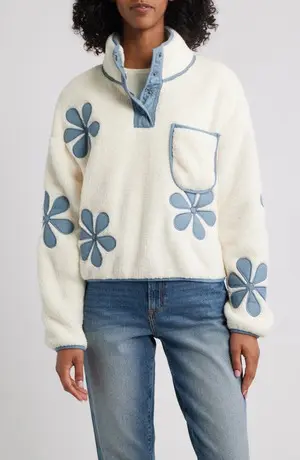 THREAD & SUPPLY Flower Patch Faux Shearling Pullover - Ivory Windward Blue Combo