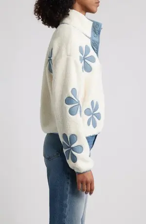 THREAD & SUPPLY Flower Patch Faux Shearling Pullover - Ivory Windward Blue Combo