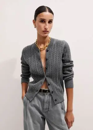 ME+EM Merino Cashmere Micro Cable Knit Cardigan - Mid Grey Mélange