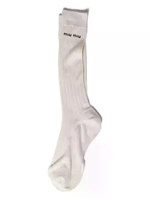 Miu Miu Ribbed Socks With Embroidered Logo - White
