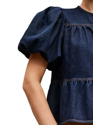 RO&ZO Denim Puff Sleeve Tie Neck Top