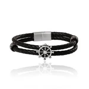 Lucky Brand Nautical Wheel Braided Leather Bracelet - Black