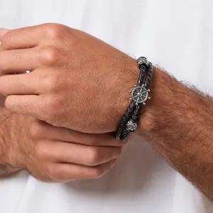 Lucky Brand Nautical Wheel Braided Leather Bracelet