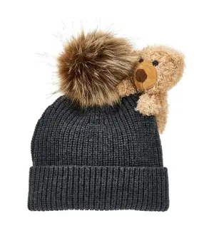 Monnalisa Wool Beanie With Teddy Bear Detail - Grey