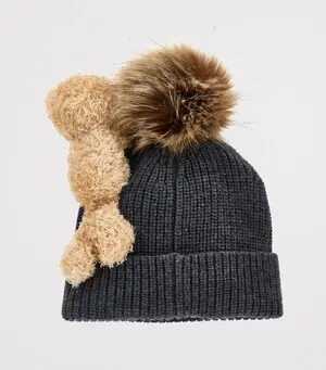 Monnalisa Wool Beanie With Teddy Bear Detail