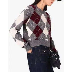 Maje Cropped Argyle Wool Jumper - Gray / Burgundy / Ecru