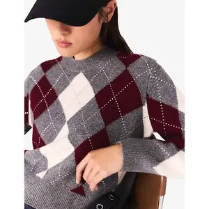 Maje Cropped Argyle Wool Jumper - Gray / Burgundy / Ecru