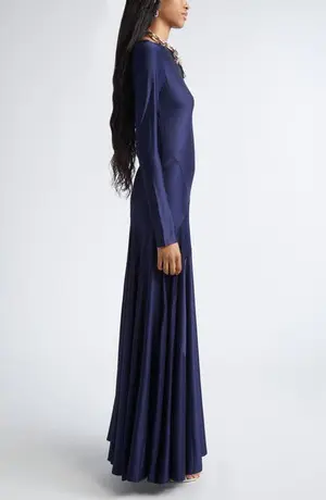 Rabanne Long Sleeve Godet Detail Jersey Maxi Dress - Deep Navy