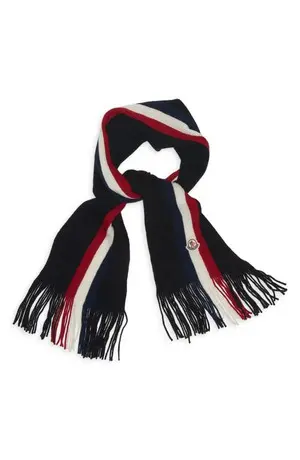 Moncler Logo Patch Stripe Virgin Wool Fringe Scarf