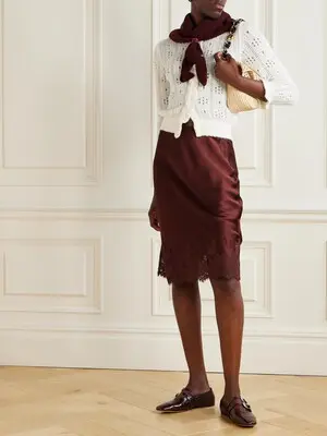 DÔEN Elowette Lace-trimmed Silk-satin Midi Skirt - Burgundy
