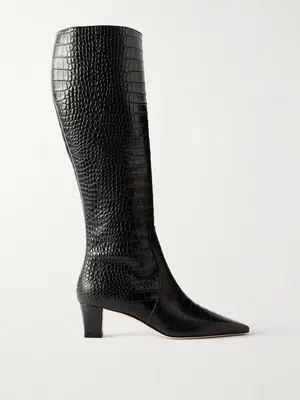 Manolo Blahnik Penelope Knee High Croc-effect Leather Boots