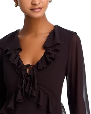 Aqua Ruffle Long Sleeve Mini Dress - Espresso