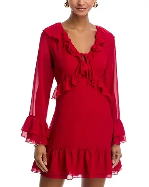 Aqua Ruffle Long Sleeve Mini Dress - Red