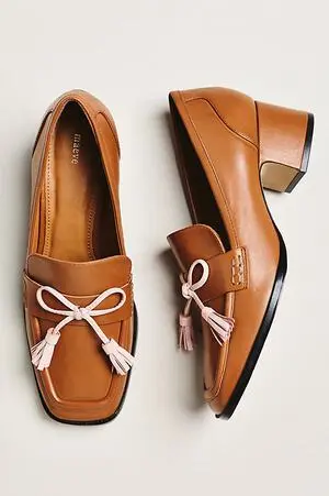 Maeve Bow Detail Loafer Heels - Tan / Pink